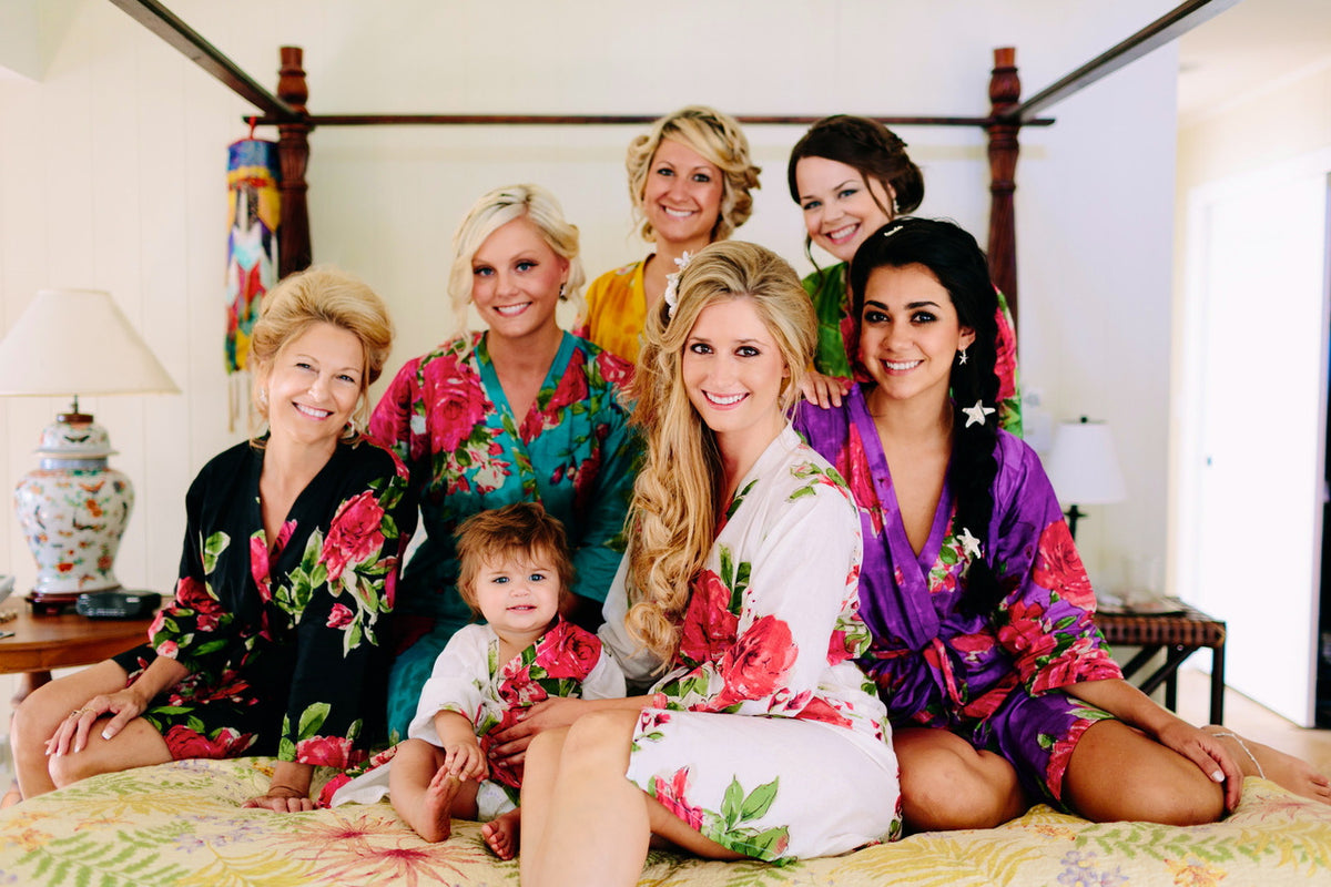 Mismatched Large Fuchsia Floral Blossom Bridal Party Robes in bright t ...