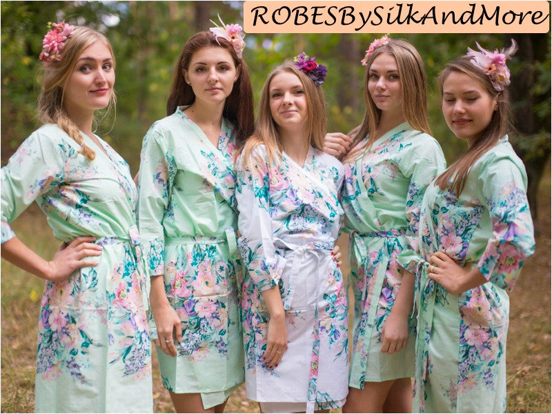 Mint Blooming Flowers pattern Robes for bridesmaids | Getting Ready Br ...