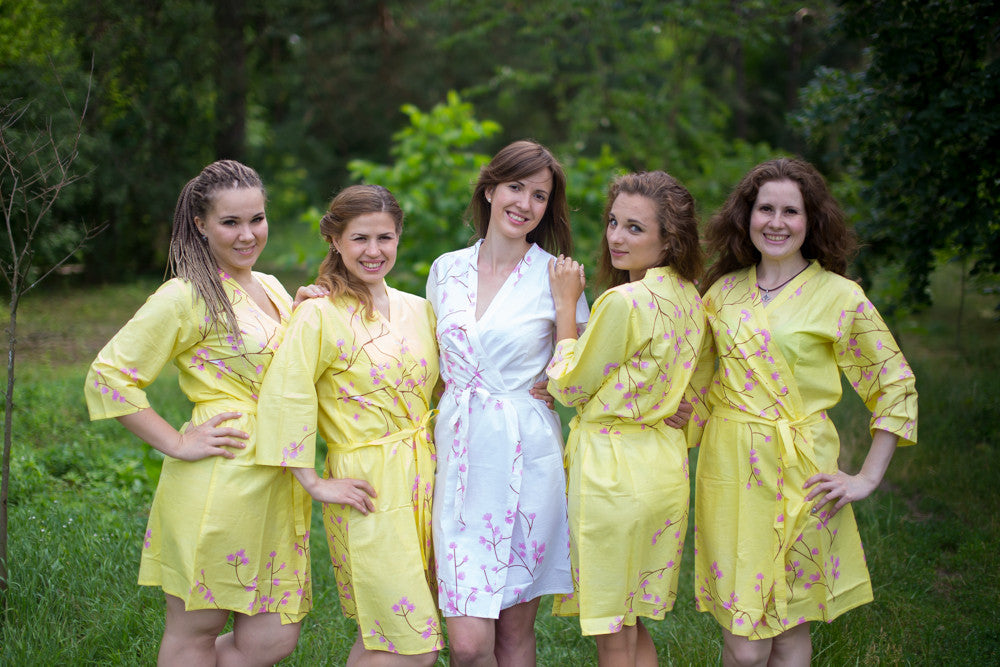 Yellow bridesmaids wedding robes in floral pattern – robesbysilkandmore
