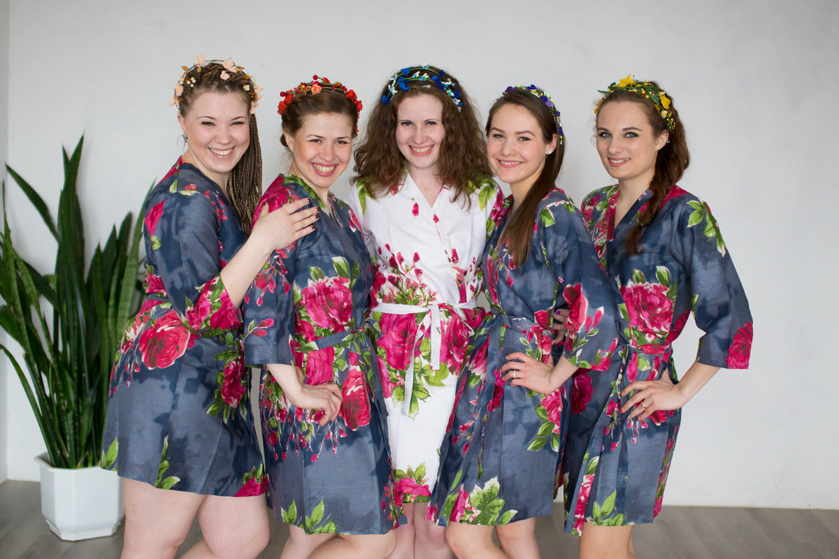 Gray bridesmaids wedding robes in floral pattern – robesbysilkandmore