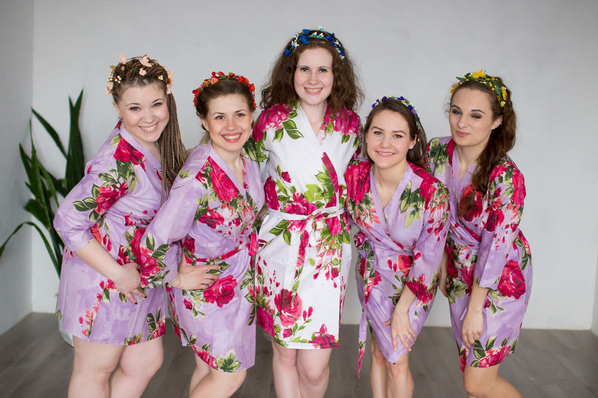 Lilac bridesmaids wedding robes in floral pattern – robesbysilkandmore
