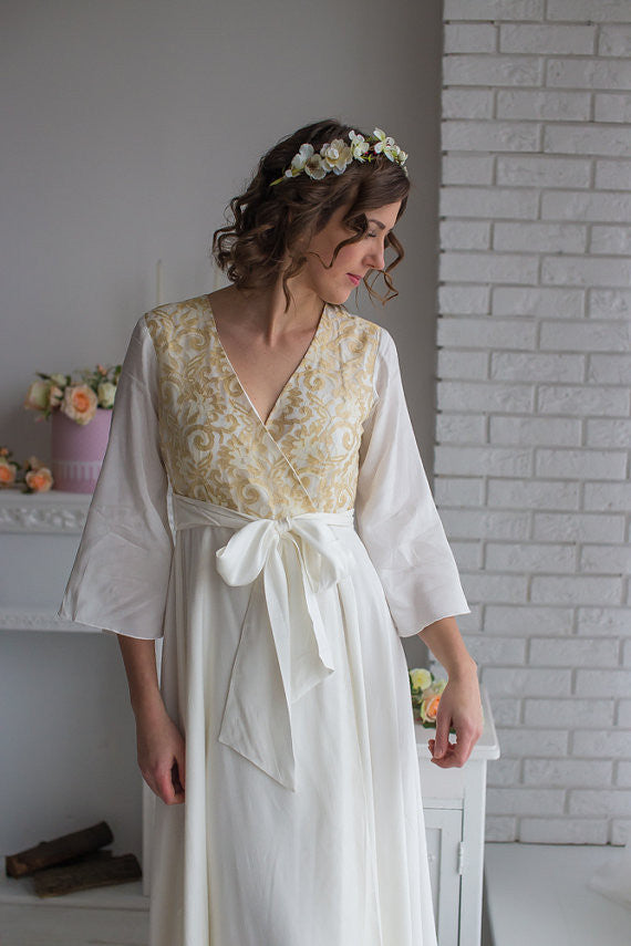 Ivory Floral Gold Silk Bridal Robe in Shimmering Grace – robesbysilkandmore