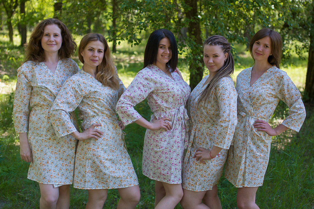 Light yellow bridesmaids wedding robes in floral pattern ...