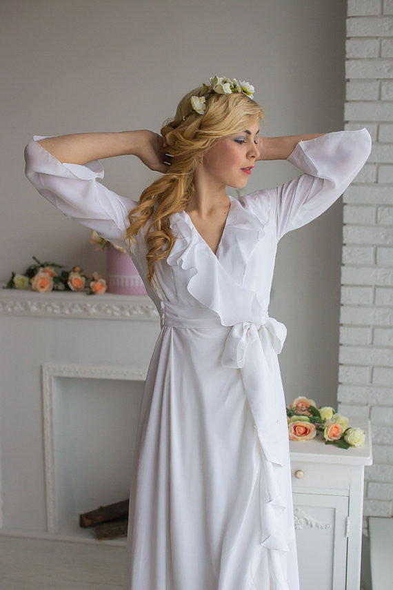 All White Bridal Robe in Ruffled Trimmed – robesbysilkandmore
