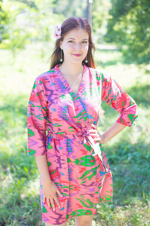 Coral bridesmaids wedding robes in aztec pattern – robesbysilkandmore
